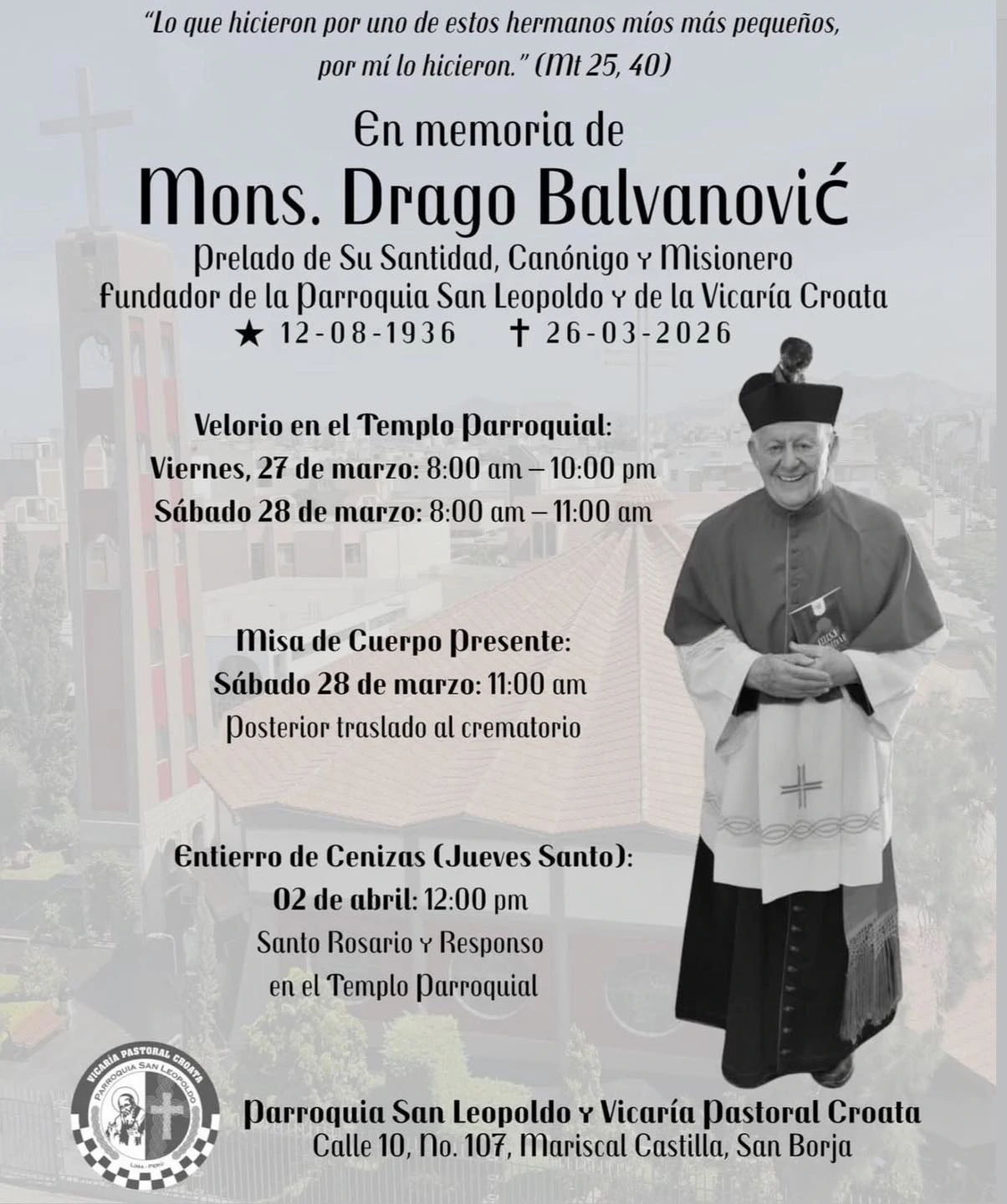 HRT: Preminuo mons. Drago Balvanović